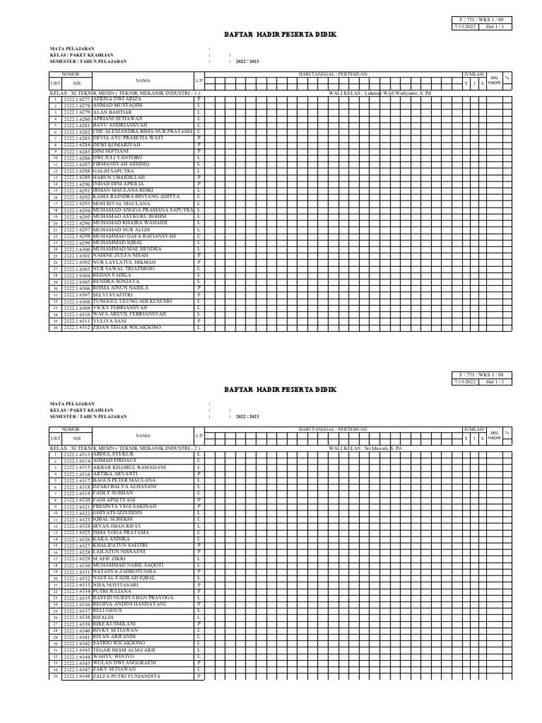 DAFTAR HADIR XI .xls | PDF