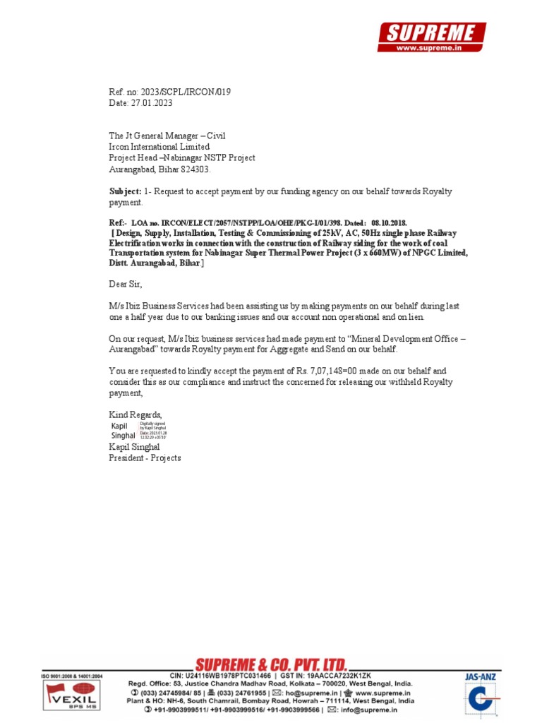 Ircon Letter-Royalty Payment | PDF