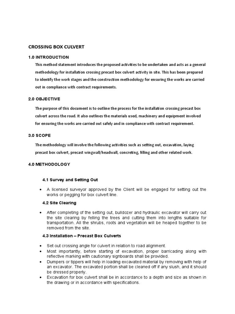 Method Statement of Crossing Box Culvert | PDF | Concrete | Precast Concrete