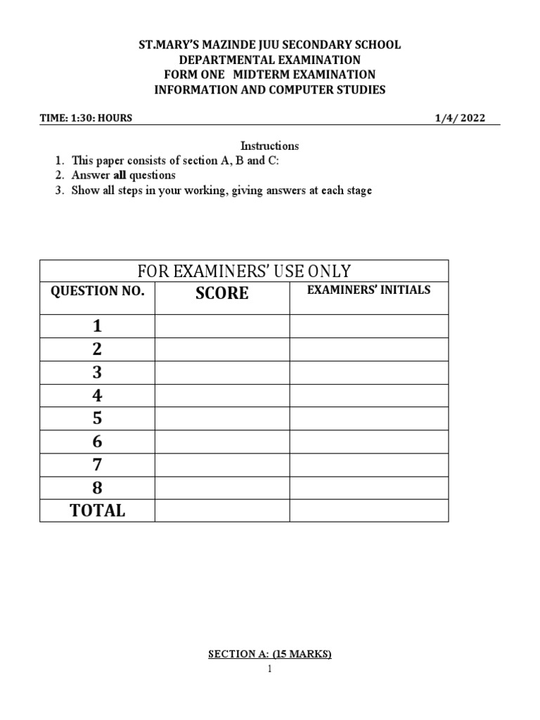 St. Mary's Mazinde Juu Secondary School Form One Midterm Examination in ...