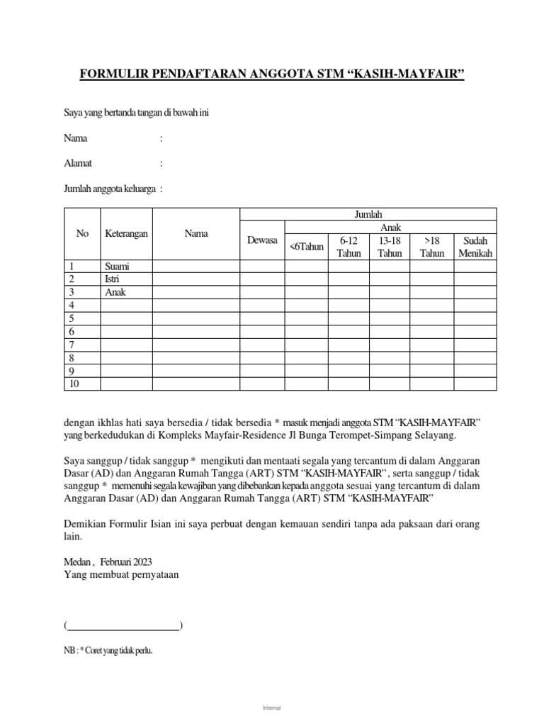 Formulir Pendaftaran Anggota STM Kasih-Mayfair | PDF
