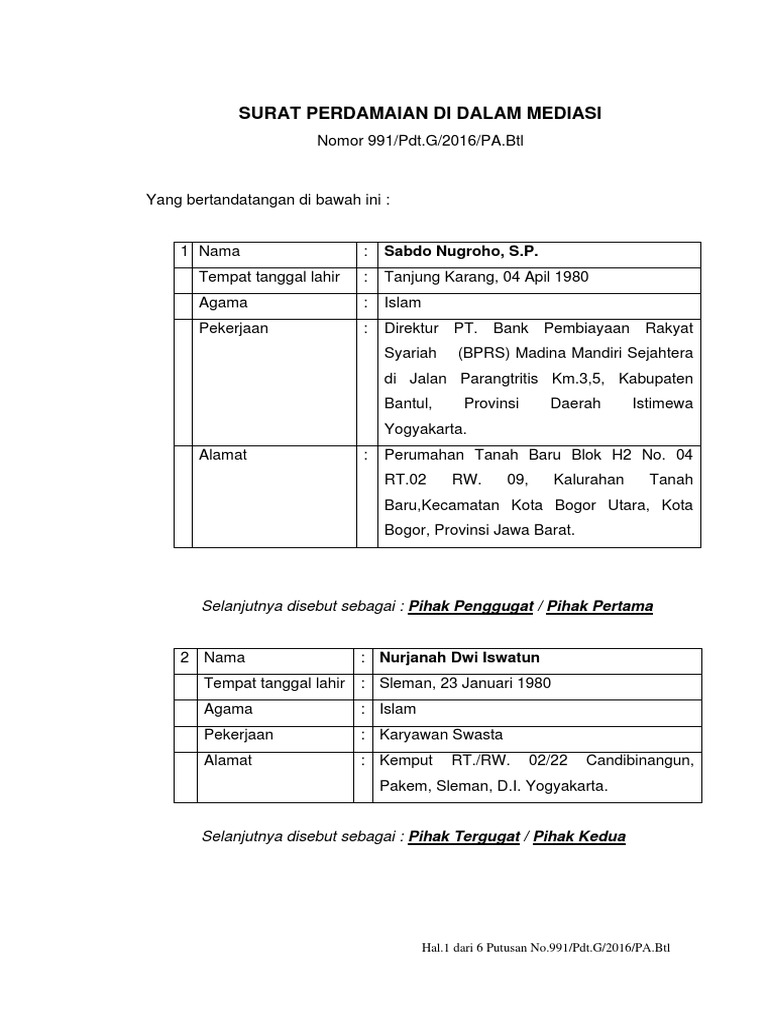 Contoh Surat Perdamaian Mediasi | PDF