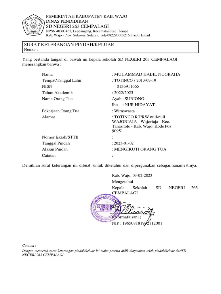 SURAT KETERANGAN PINDAH SISWA DARI SD NEGERI 263 CEMPALAGI | PDF