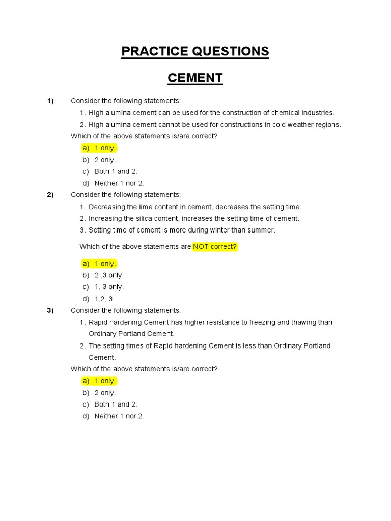 Cement Practice Questions | PDF | Cement | Chemistry
