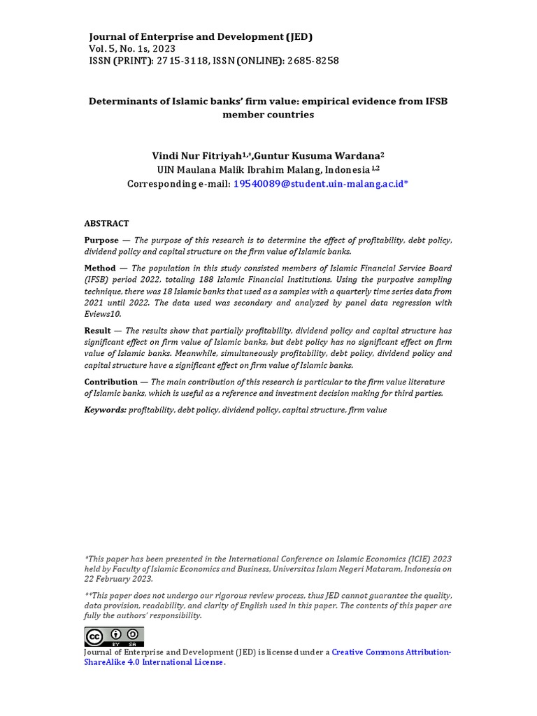 Determinants of Islamic Banks' Firm Value: Empirical Evidence From IFSB Member Countries | PDF ...