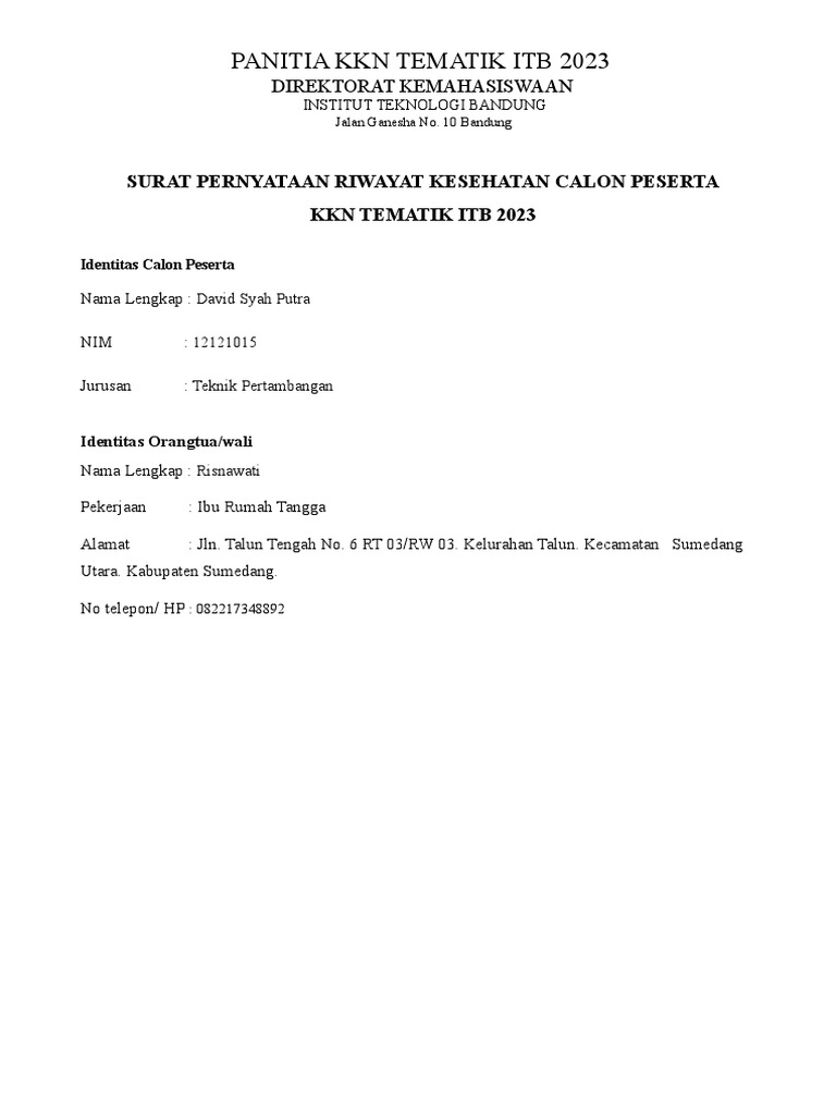 Surat Pernyataan Riwayat Kesehatan | PDF Surat Pernyataan Riwayat Kesehatan | PDF