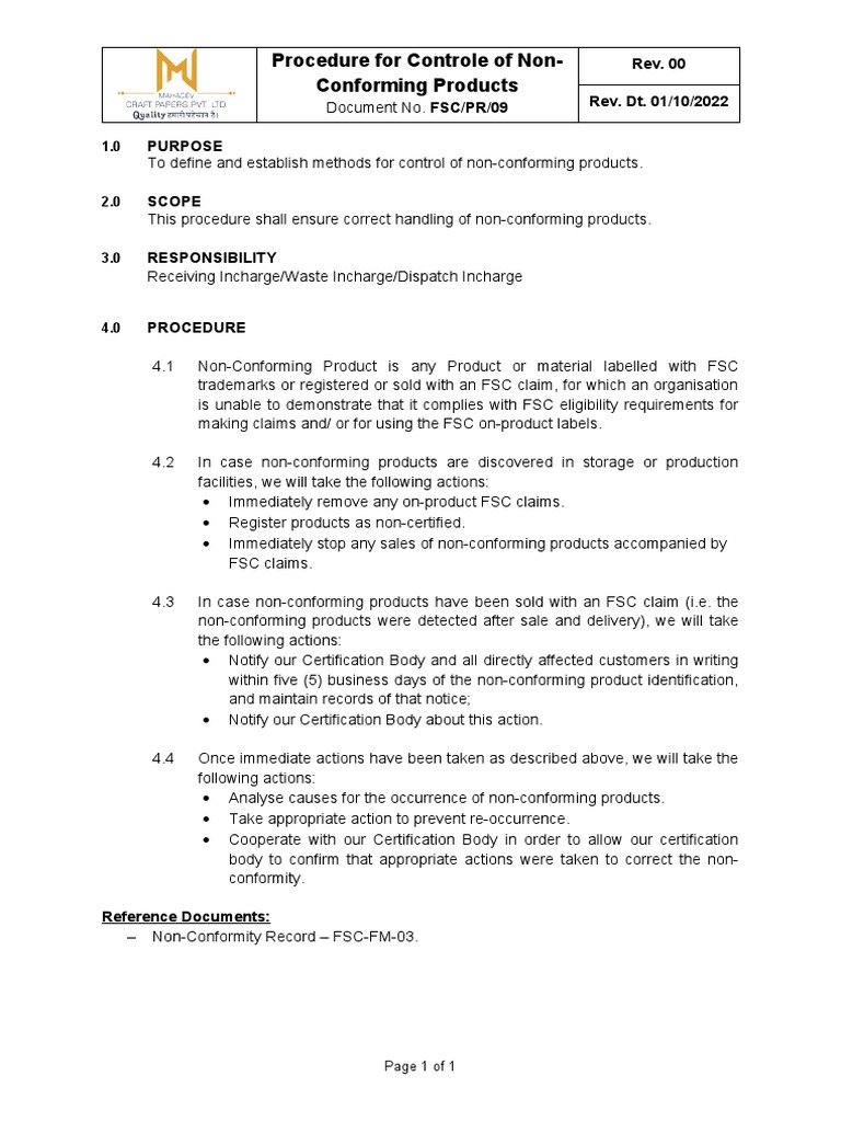 FSC-PR-09 Procedure For Control of Non-Conforming Products | PDF FSC-PR-09 Procedure For Control of Non-Conforming Products | PDF