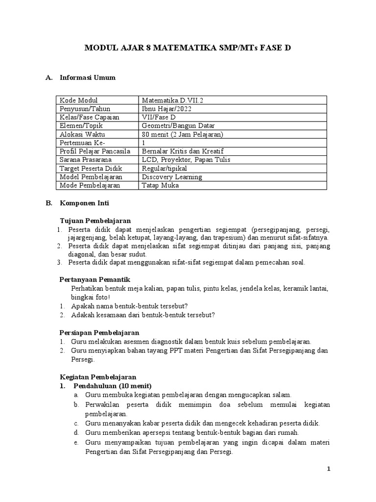 Modul Ajar Matematika SMP Kelas Vii Bab 8 | PDF