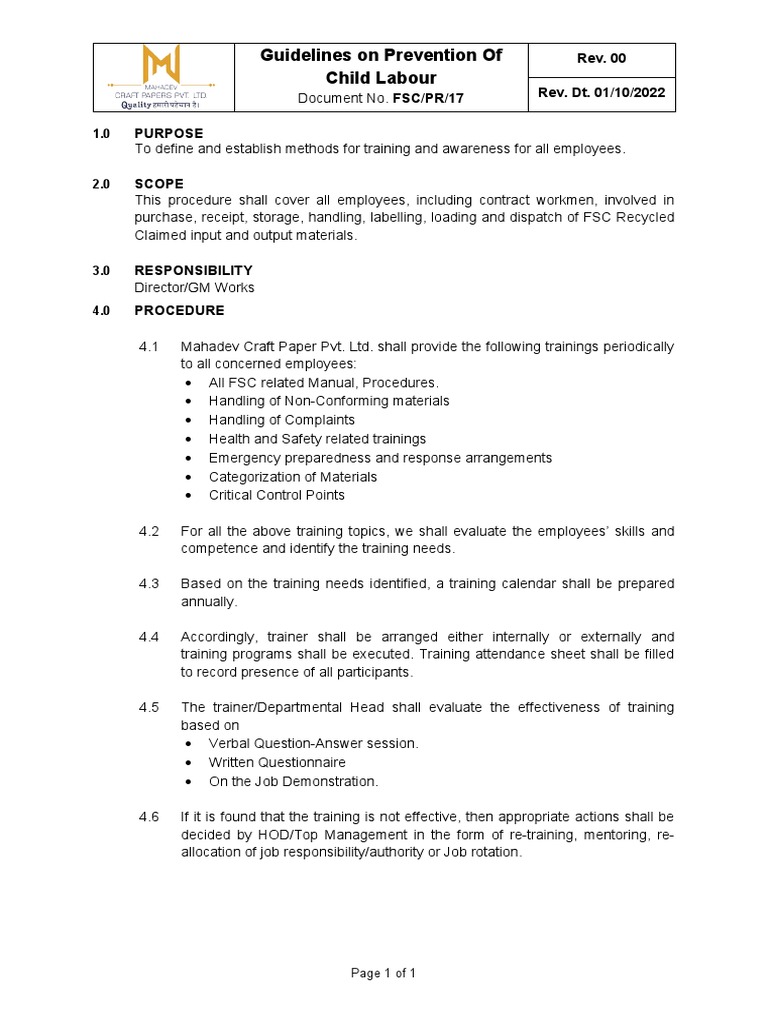 Child Labour Prevention Training Guidelines | PDF