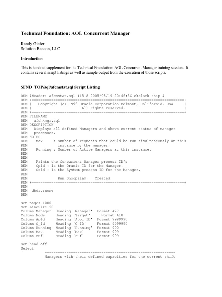 Technical Foundation: AOL Concurrent Manager: Randy Giefer Solution Beacon, LLC | PDF | Sql ...