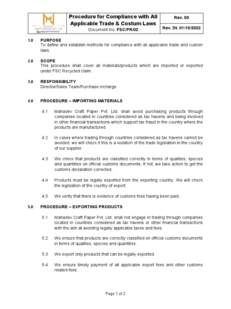 FSC-PR-14 Procedure For Compliance With All Applicable Trade and Custom Laws | PDF | Customs | Taxes