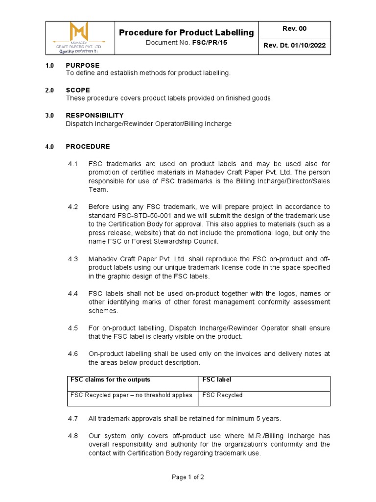 FSC Product Labelling Procedure | PDF | Forest Stewardship Council