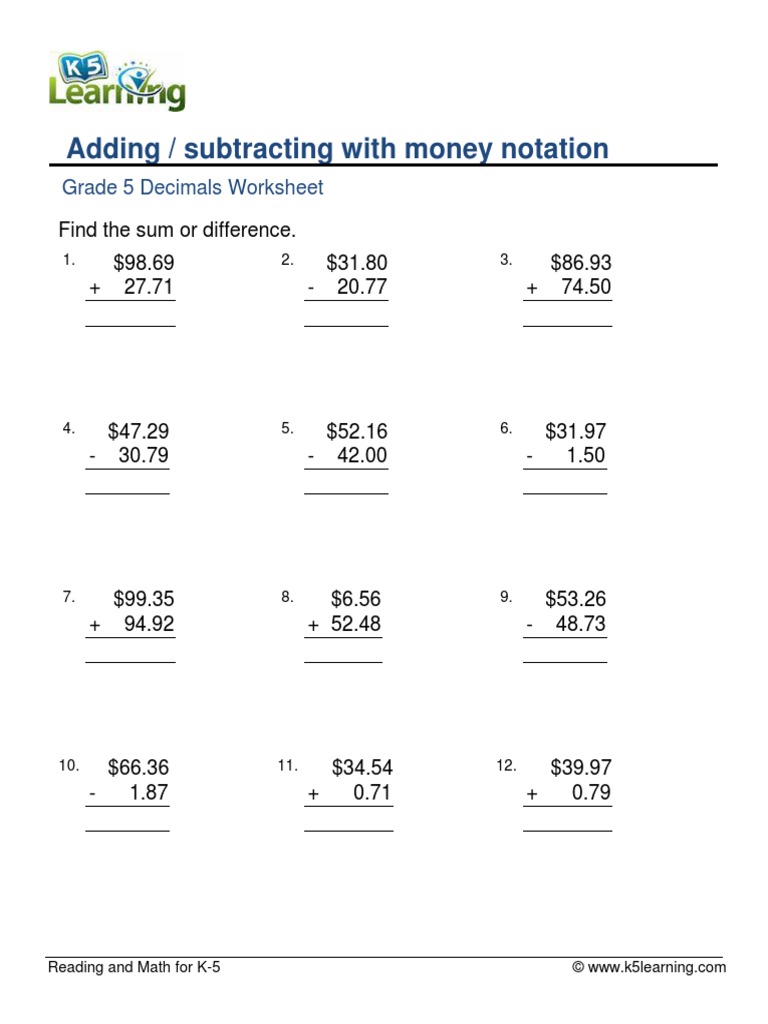 Grade 5 Add Subtract Money A | PDF