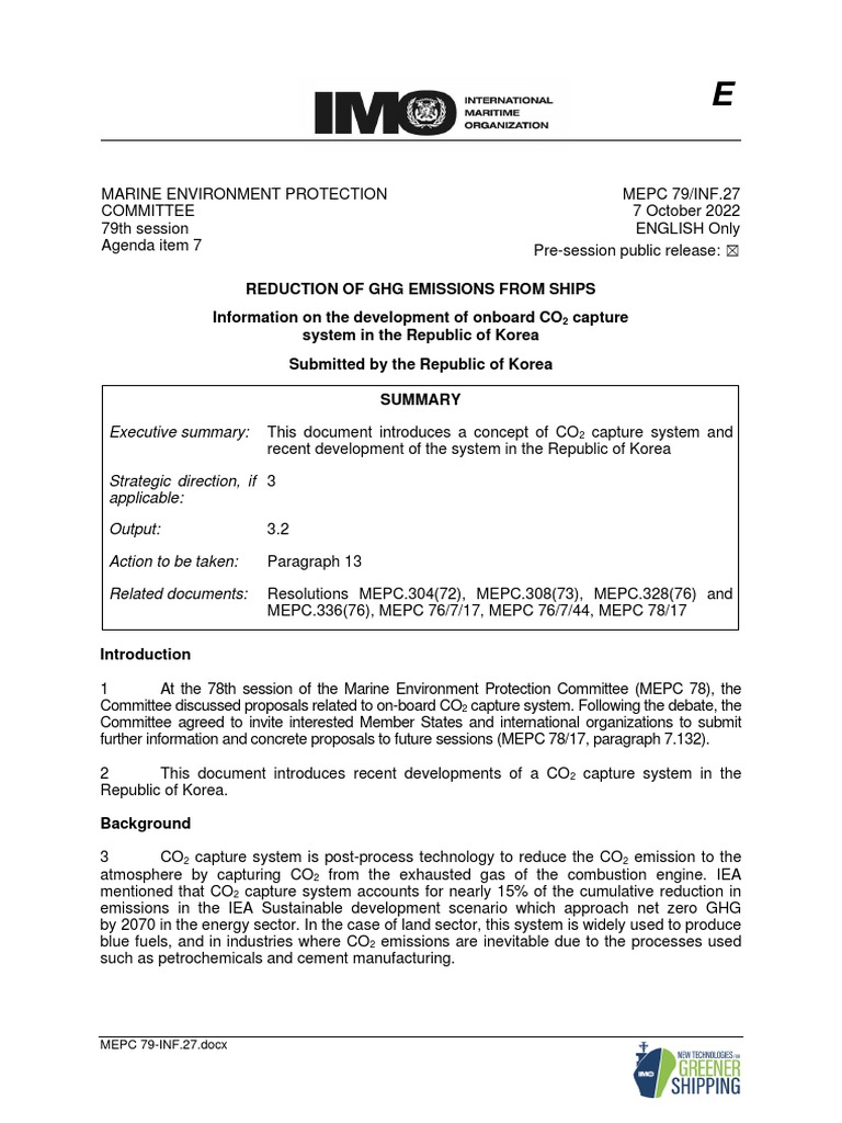 MEPC 79-INF.27 - Information On The Development of Onboard CO2 Capture System in The Republic of ...