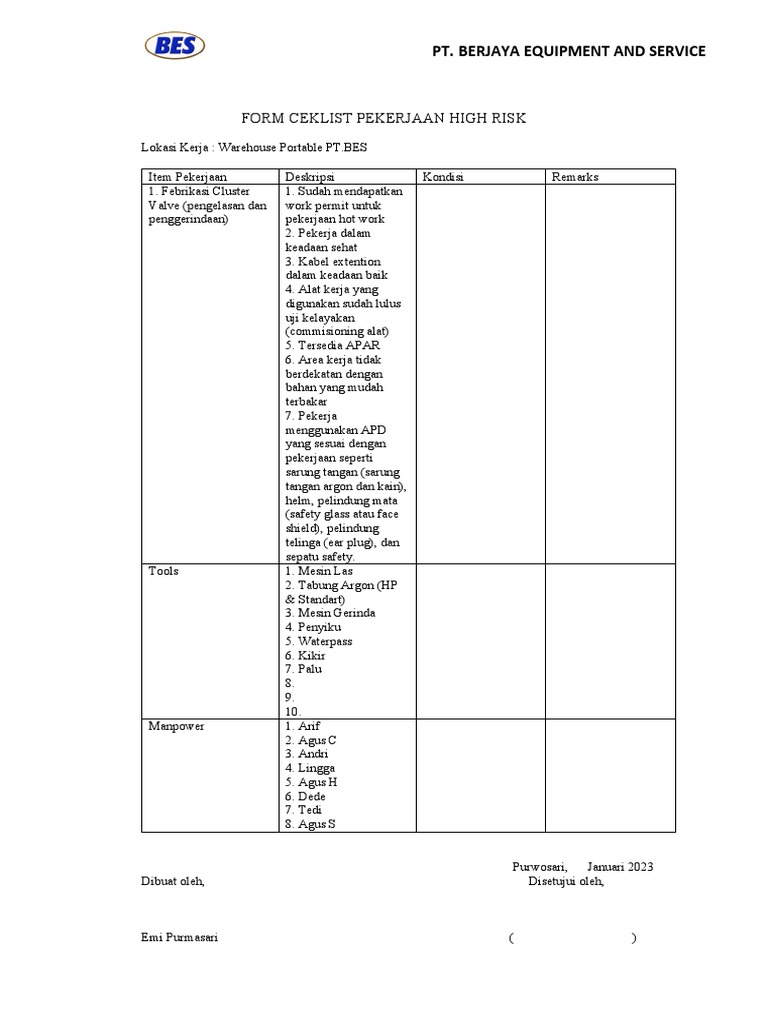 Ceklist Pekerjaan High Risk PT BES | PDF