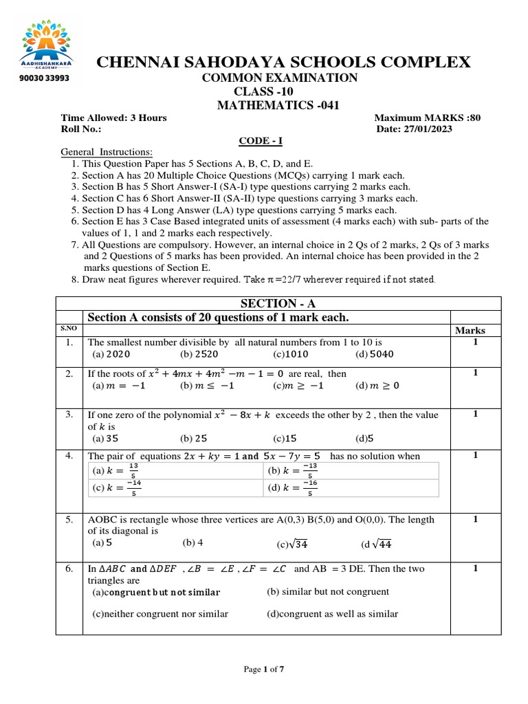 X Maths QP Code 1 PDF | PDF | Circle | Area