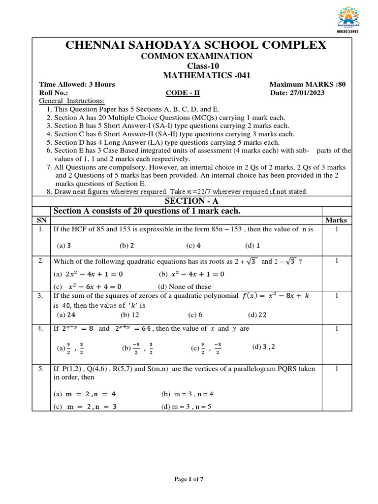 X Maths QP Code 2 PDF | PDF | Circle | Triangle