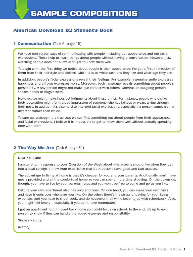 American Download B2 Student's Book Sample Compositions | PDF | Adolescence | Facial Expression