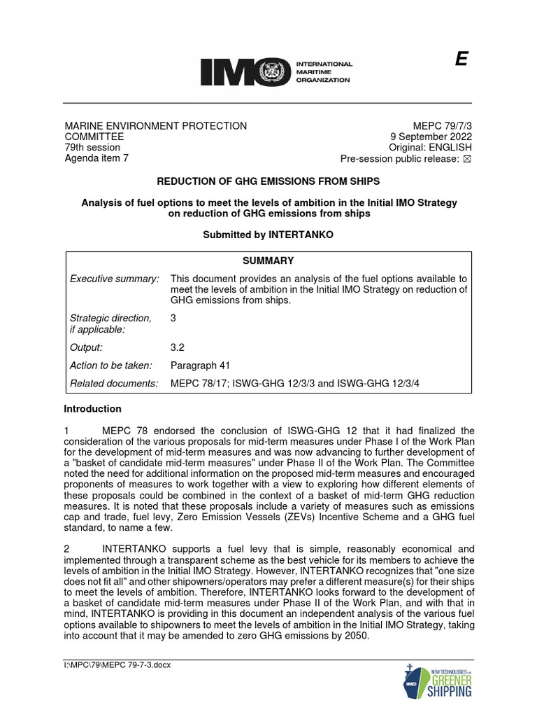 MEPC 79-7-3 - Analysis of Fuel Options To Meet The Levels of Ambition ...