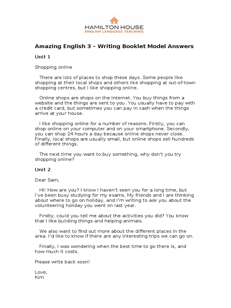Amazing English 3 Writing Booklet Model Answers | PDF | Online Shopping