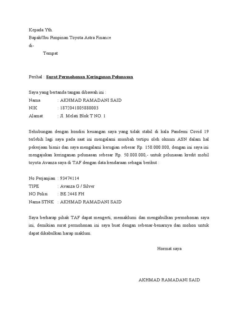 Surat Permohonan Keringanan Pelunasan | PDF
