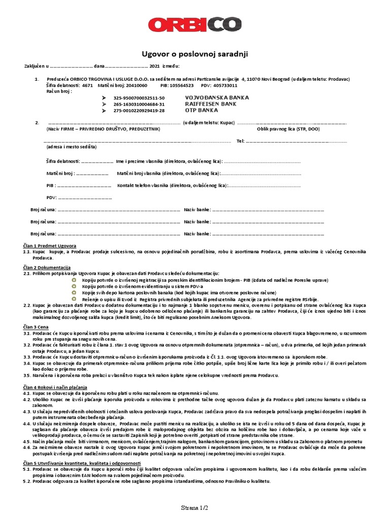 Ugovor o Poslovnoj Saradnji 2021 - Forma | PDF