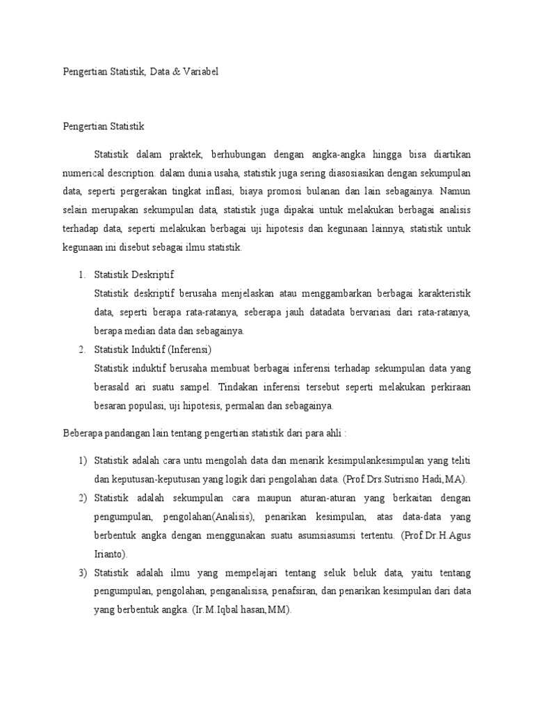 Pengertian Statistik, Data, dan Variabel | PDF | Sains & Matematika ...