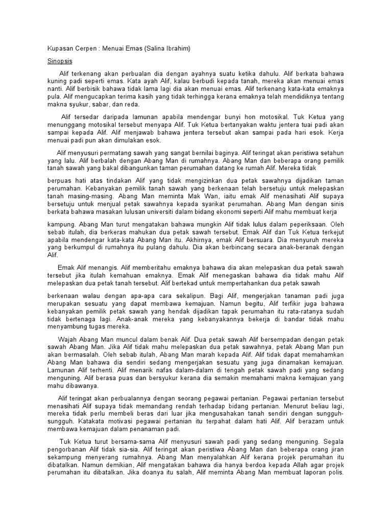Kupasan Cerpen Menuai Emas | PDF