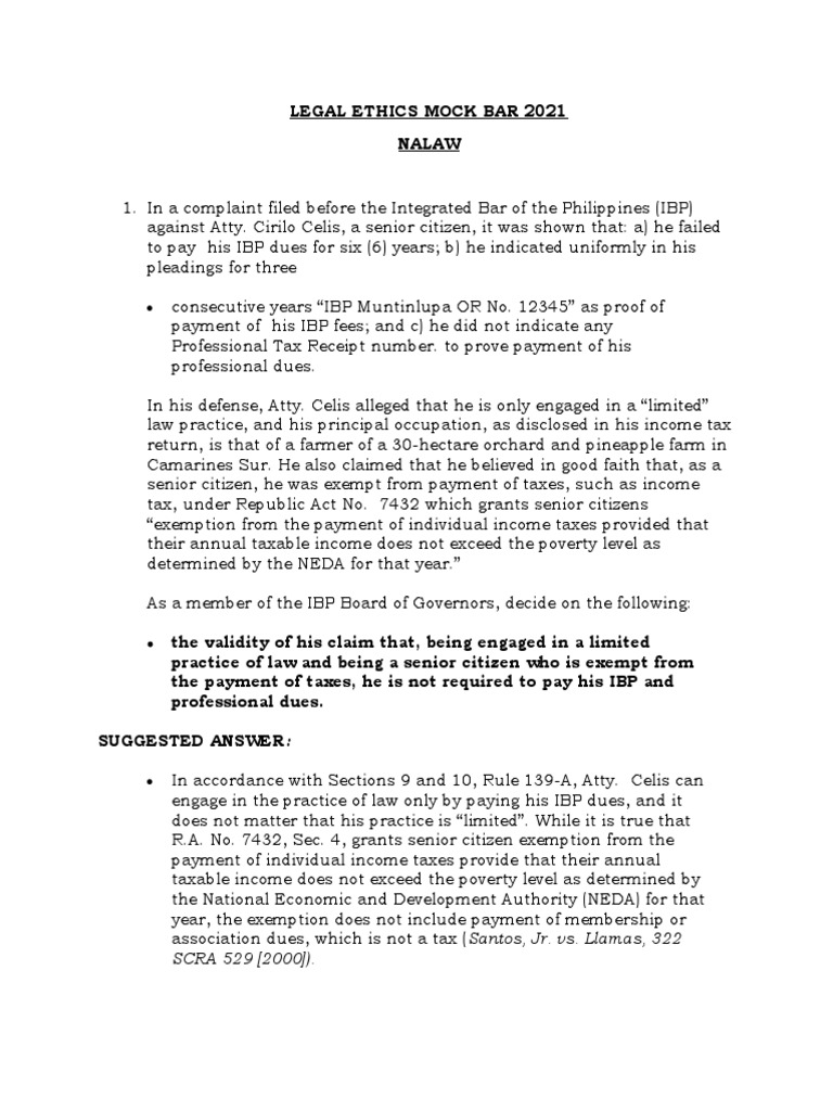 Legal Ethics Mock Bar 2021: Analyzing Issues Related to the Practice of ...