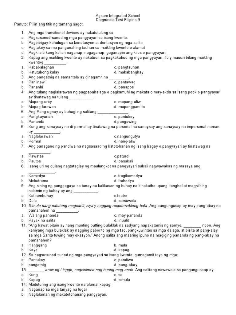 Diagnostic Test Filipino 9 | PDF