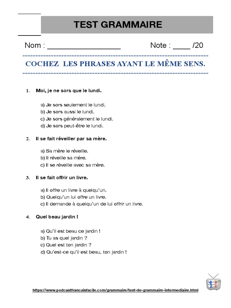Test de grammaire A2/B1 en français | PDF | Échecs | Théorie (échecs)