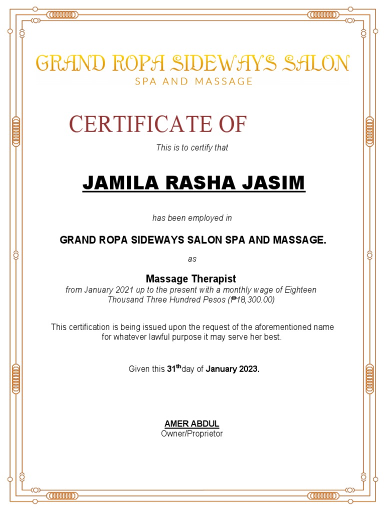 Certificate of Employment for Jamila Rasha Jasim as a Massage Therapist at Grand Ropa Sideways ...
