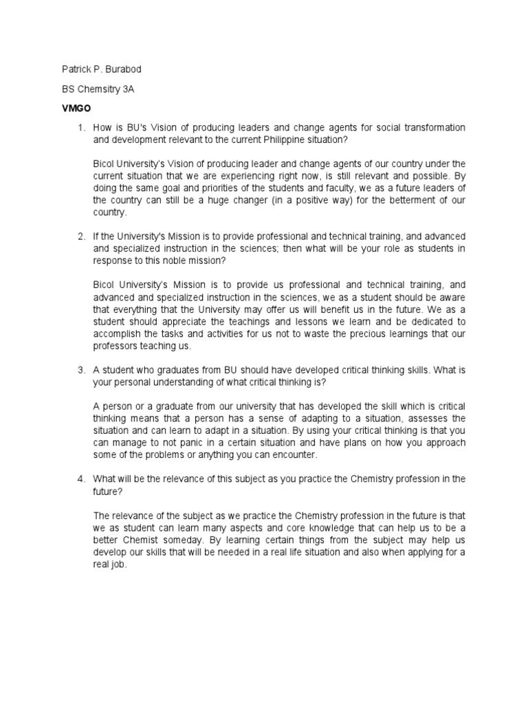 Burabod, Patrick P. - BS Chemistry 3A - VMGO Questions | PDF