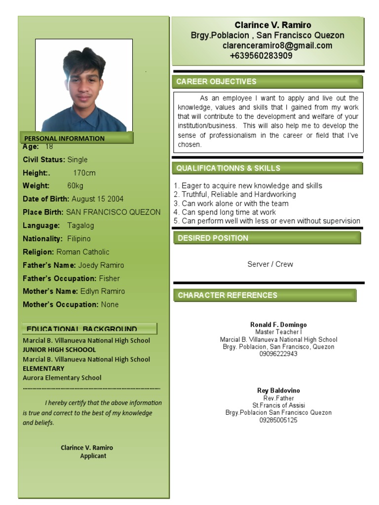 Clarince Ramiro CV Server Crew | PDF | Cognition | Cognitive Science