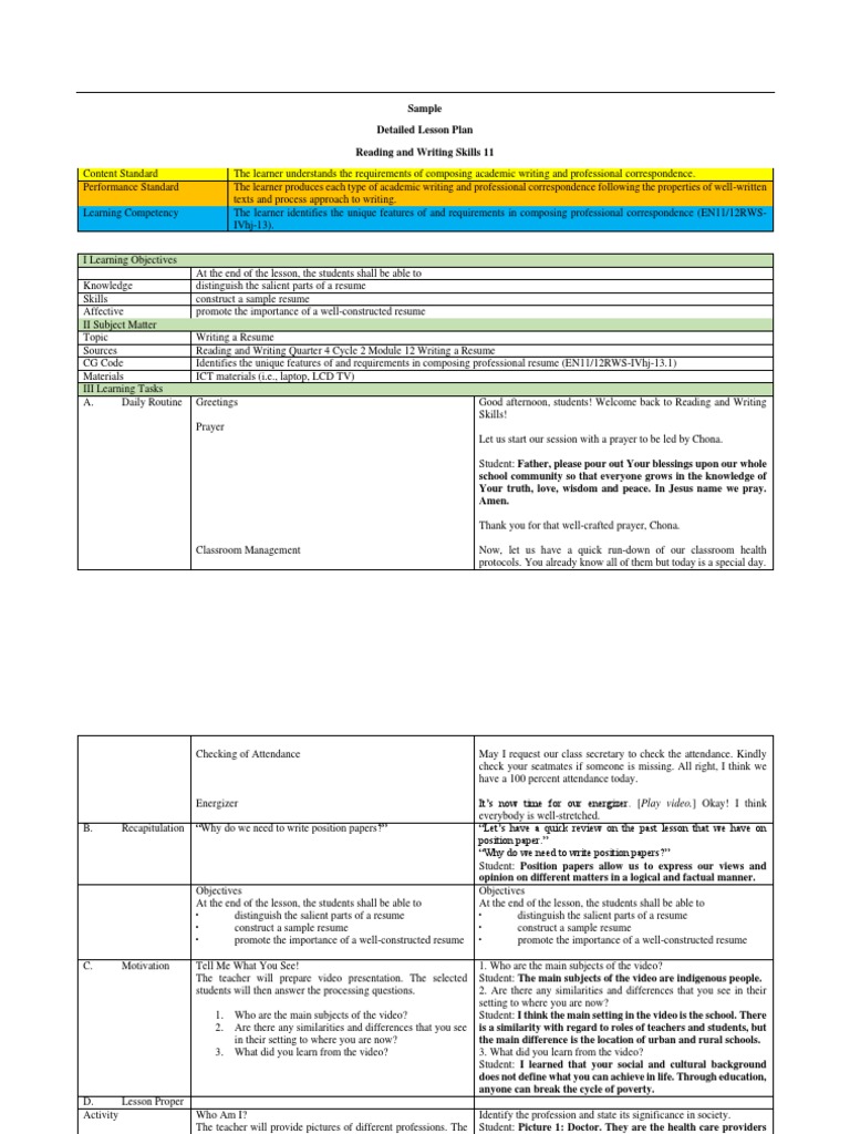 Sample Detailed Lesson Plan | PDF | Résumé | Teachers