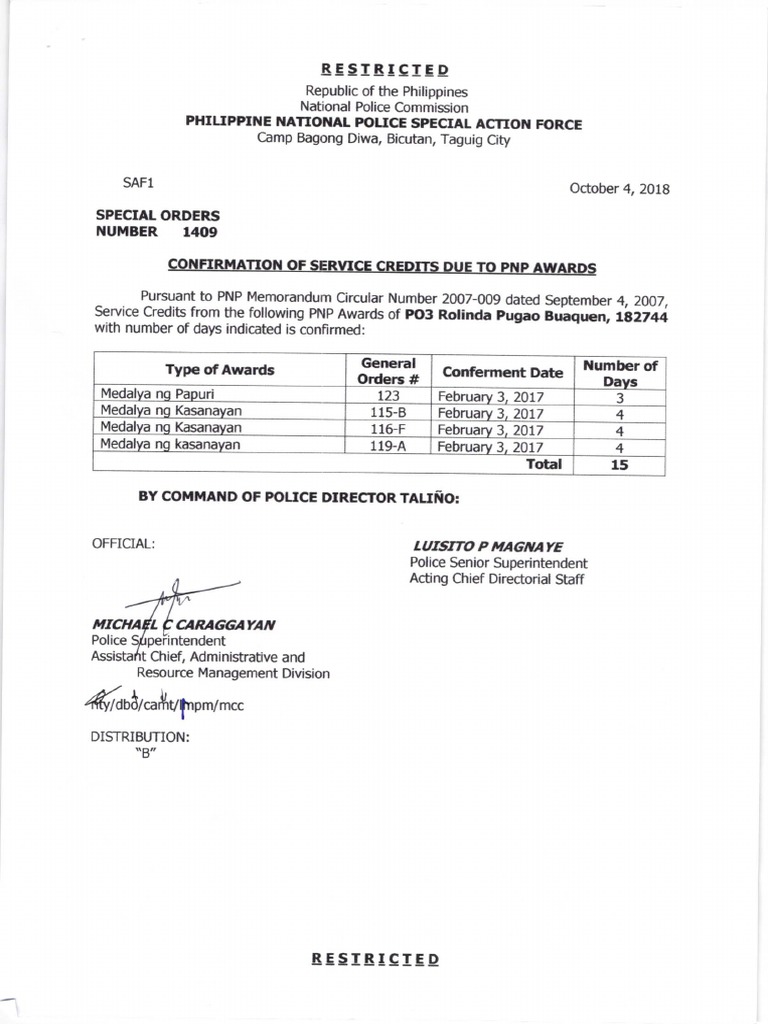 SO 1409 Confirmation of Service Credits Due To PNP Awards (PO3 Buaquen) | PDF