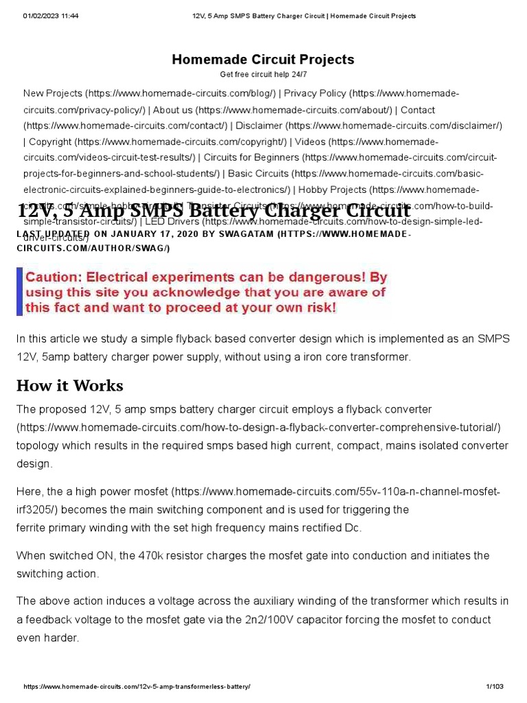 12V, 5 Amp SMPS Battery Charger Circuit - Homemade Circuit Projects | PDF | Rectifier | Transformer