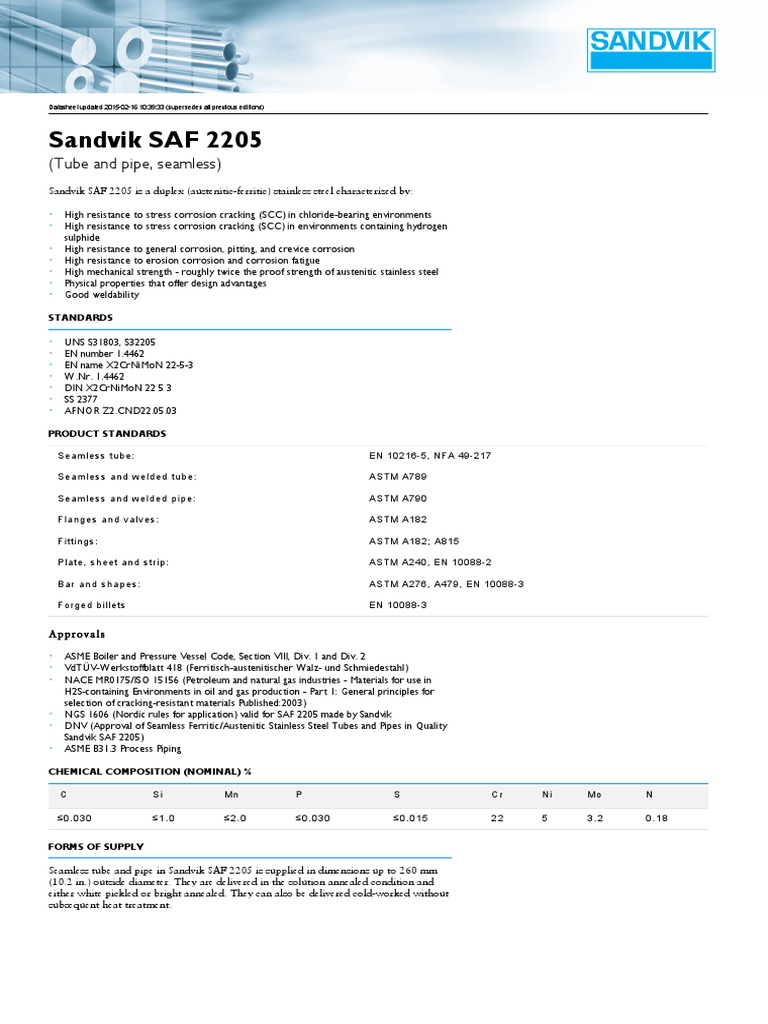 Sandvik SAF 2205 Datasheet Overview | PDF | Stainless Steel | Corrosion