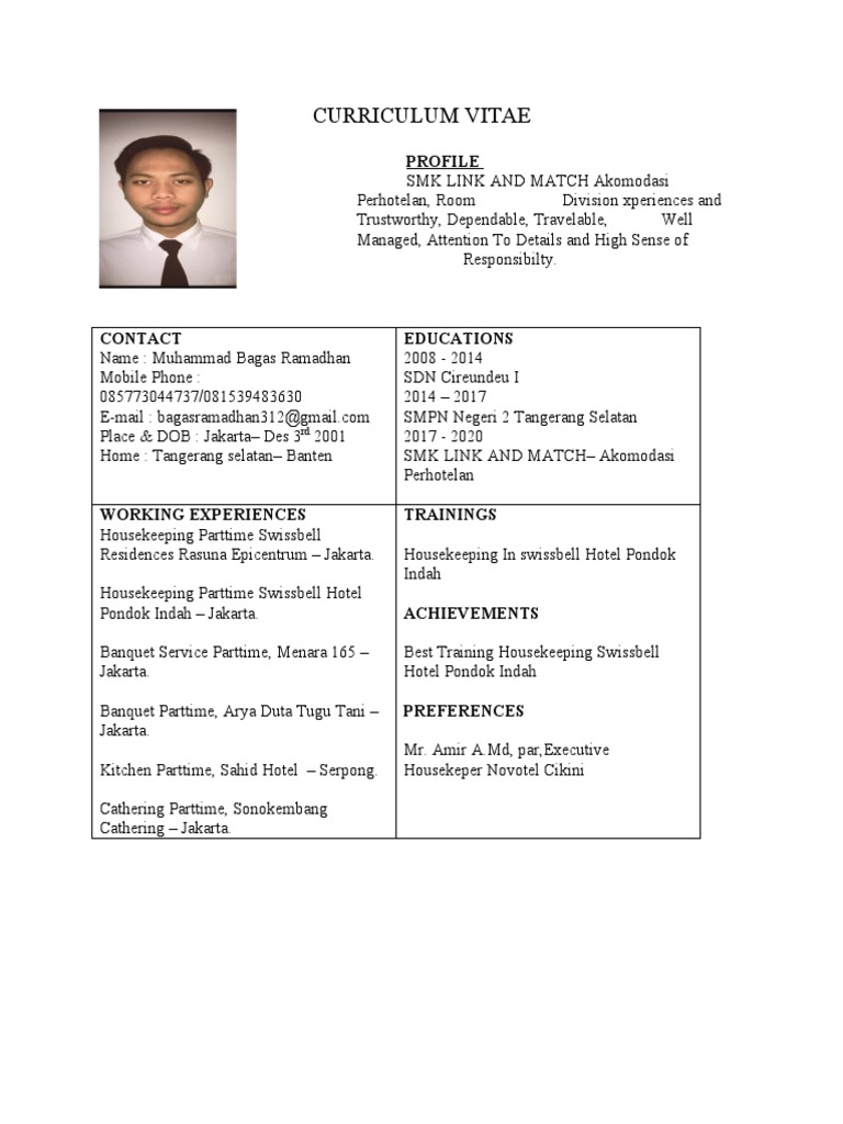 Curriculum Vitae of Muhammad Bagas Ramadhan Outlining His Education ...