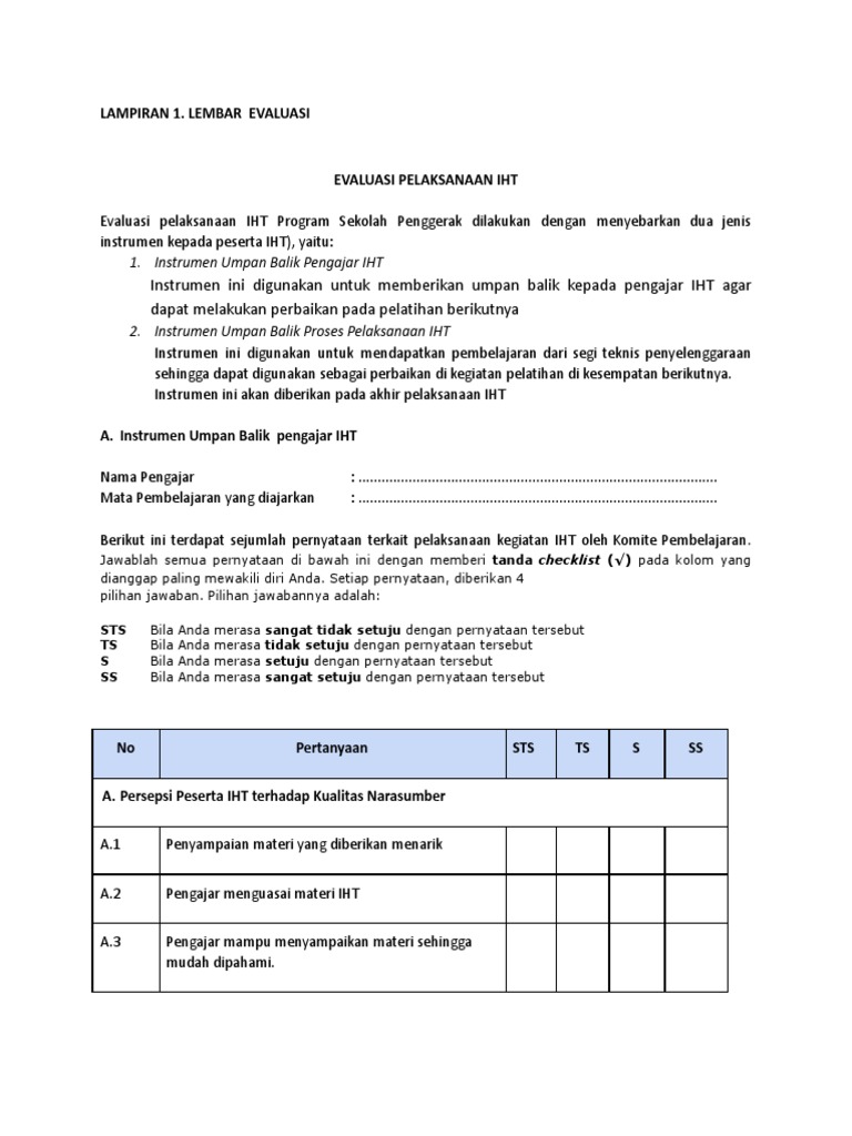 Lembar Evaluasi Pelaksanaan IHT | PDF