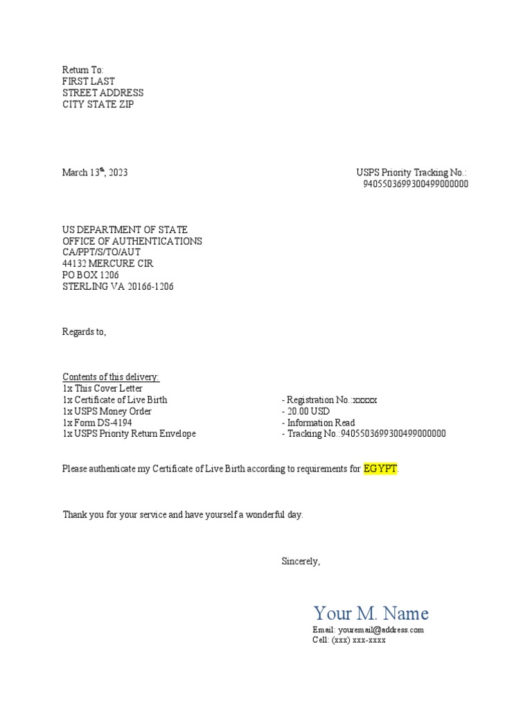 Department of Authentications-Cover Letter - (Docx - Template) | PDF