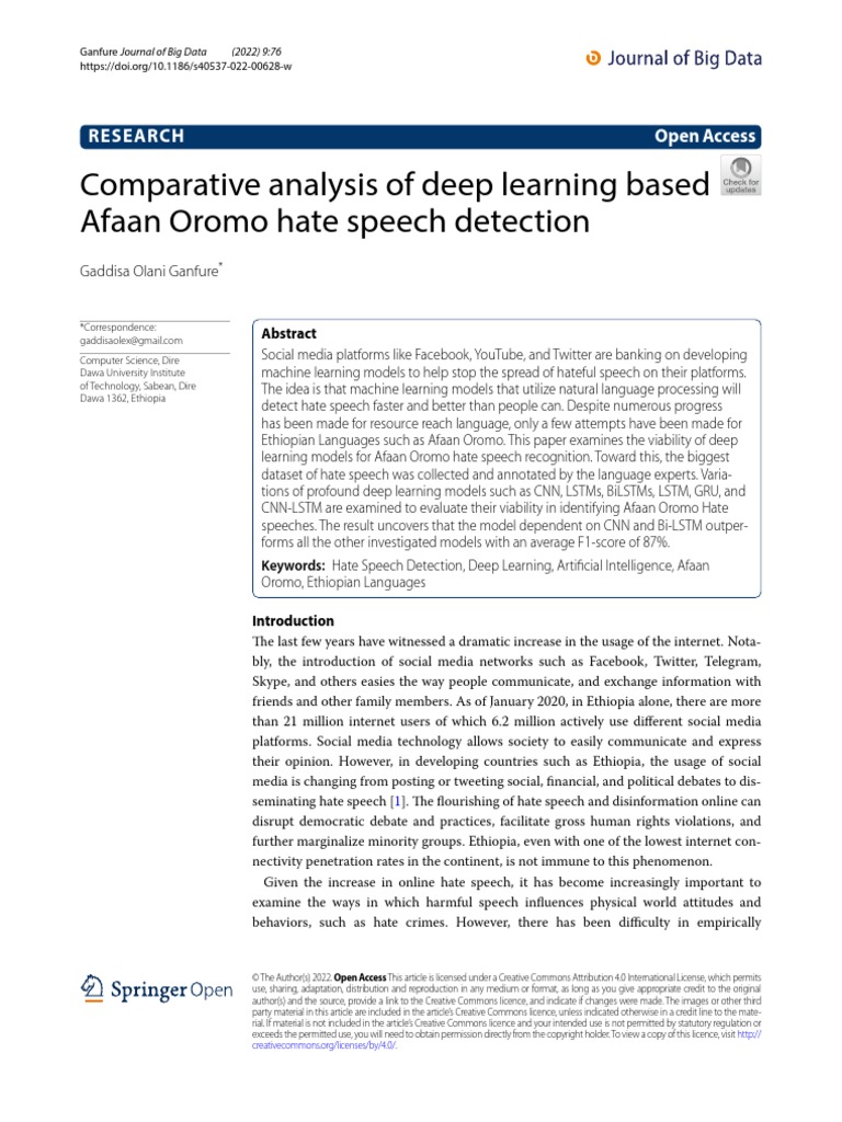 Comparative Analysis of Deep Learning Based Afaan Oromo Hate Speech Detection | PDF | Deep ...
