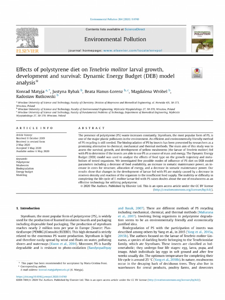 Effects of Polystyrene Diet On Tenebrio Molitor Larval Growth, Development and Survival ...