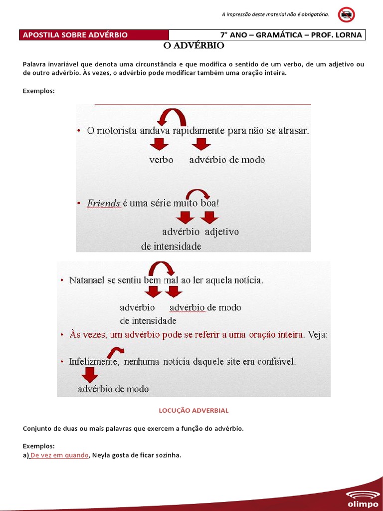 ADVÉRBIOS | PDF | Advérbio | Gramática