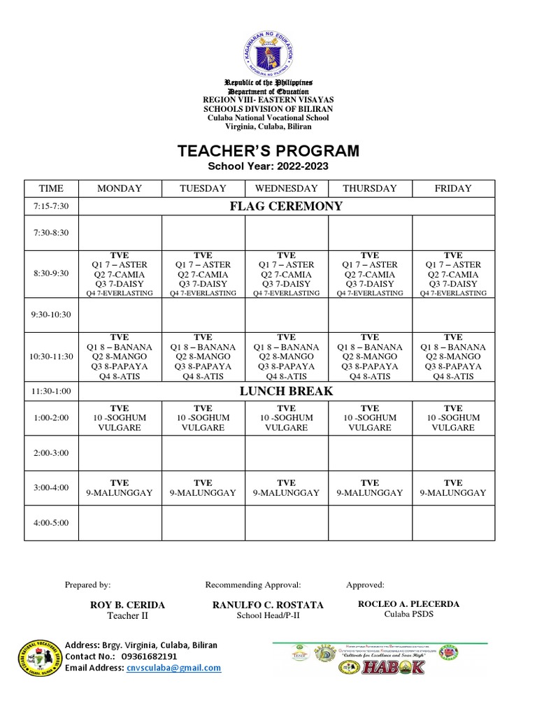Teacher's Schedule 2022-2023 | PDF | Republic | Southeast Asia