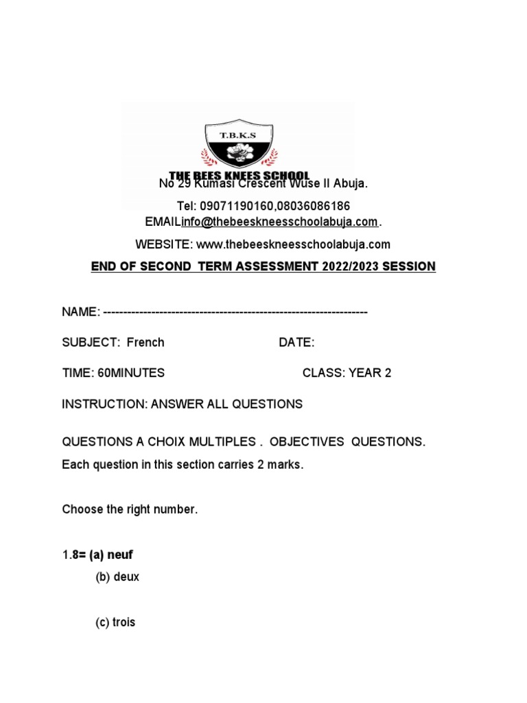 French Year 2 Term 2 Assessment | PDF | Equipment | Tools