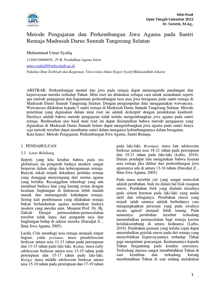 Mini Riset Psikologi Agama - Muhammad Umar Syafiq - 058 | PDF | Kesehatan Holistik