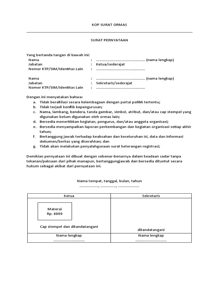 Format Surat Pernyataan Ormas | PDF