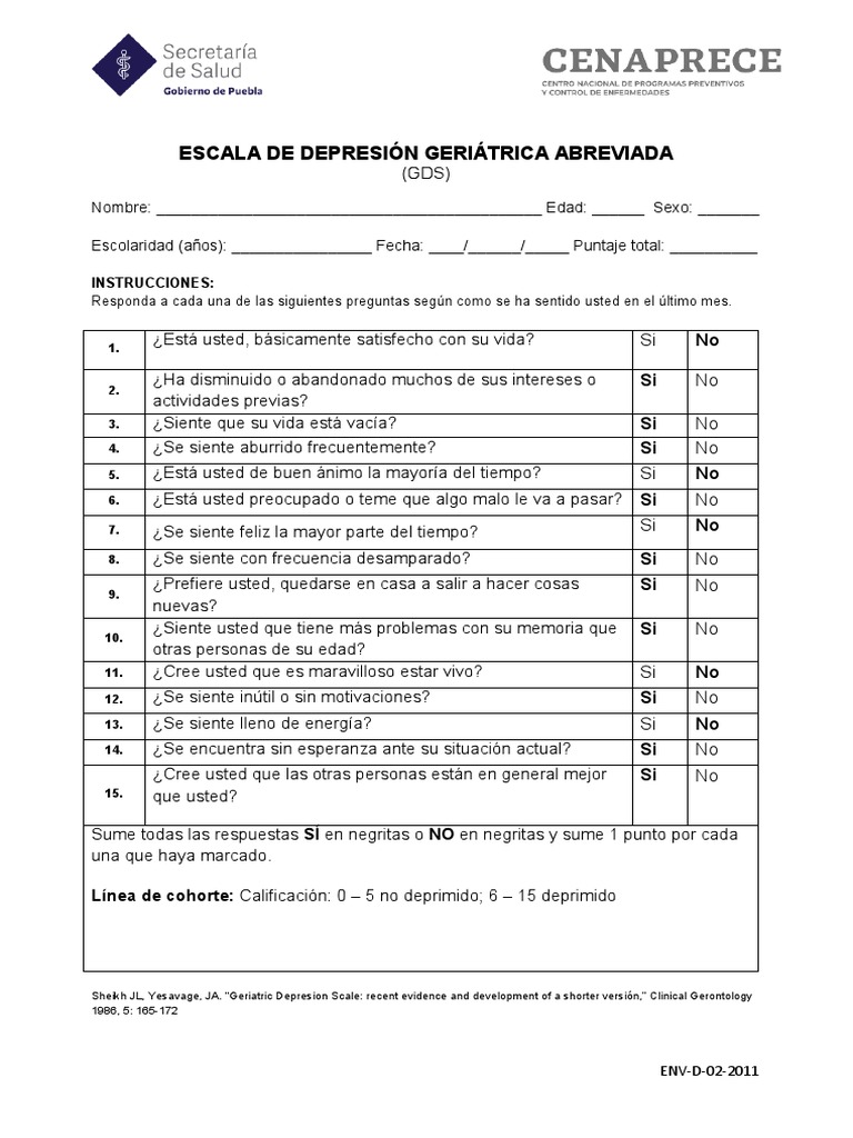 2 Formato de Escala de Depresion Geriatrica | PDF
