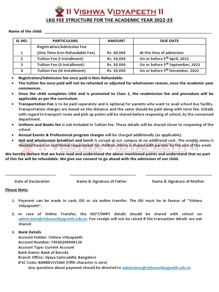 LKG 2022-23 Fee Declaration Form | PDF | Fee | Business